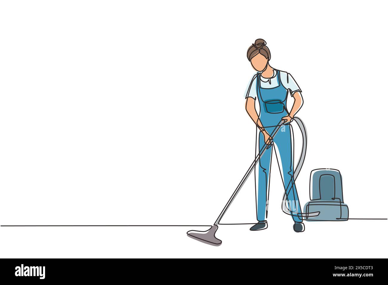 Single one line drawing female professional busy janitor vacuum ...