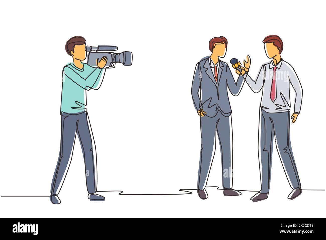 Single one line drawing journalists take interview. TV host or reporter and cameraman ...