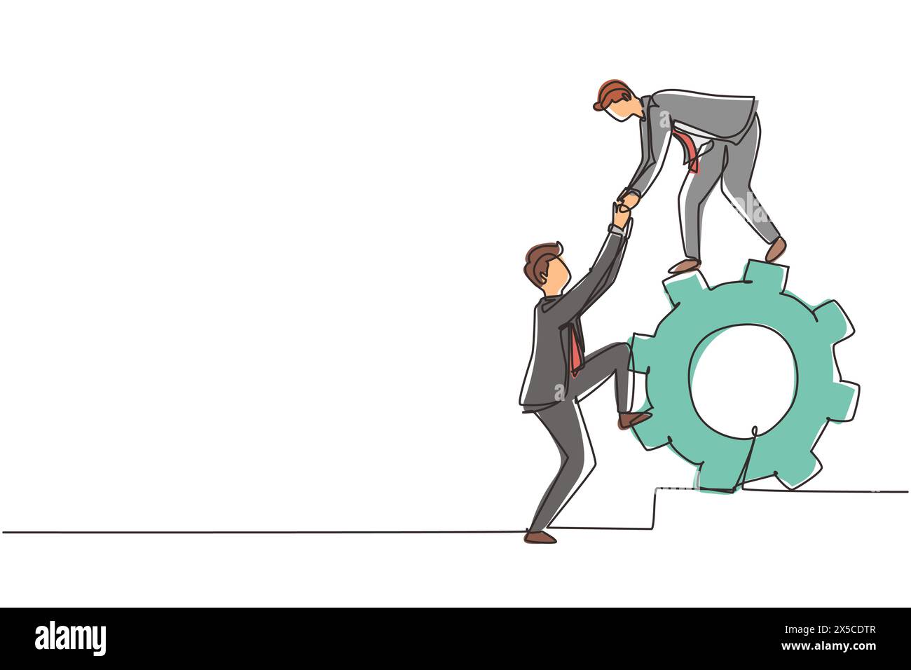 Single one line drawing two businessmen helping each other on top of ...