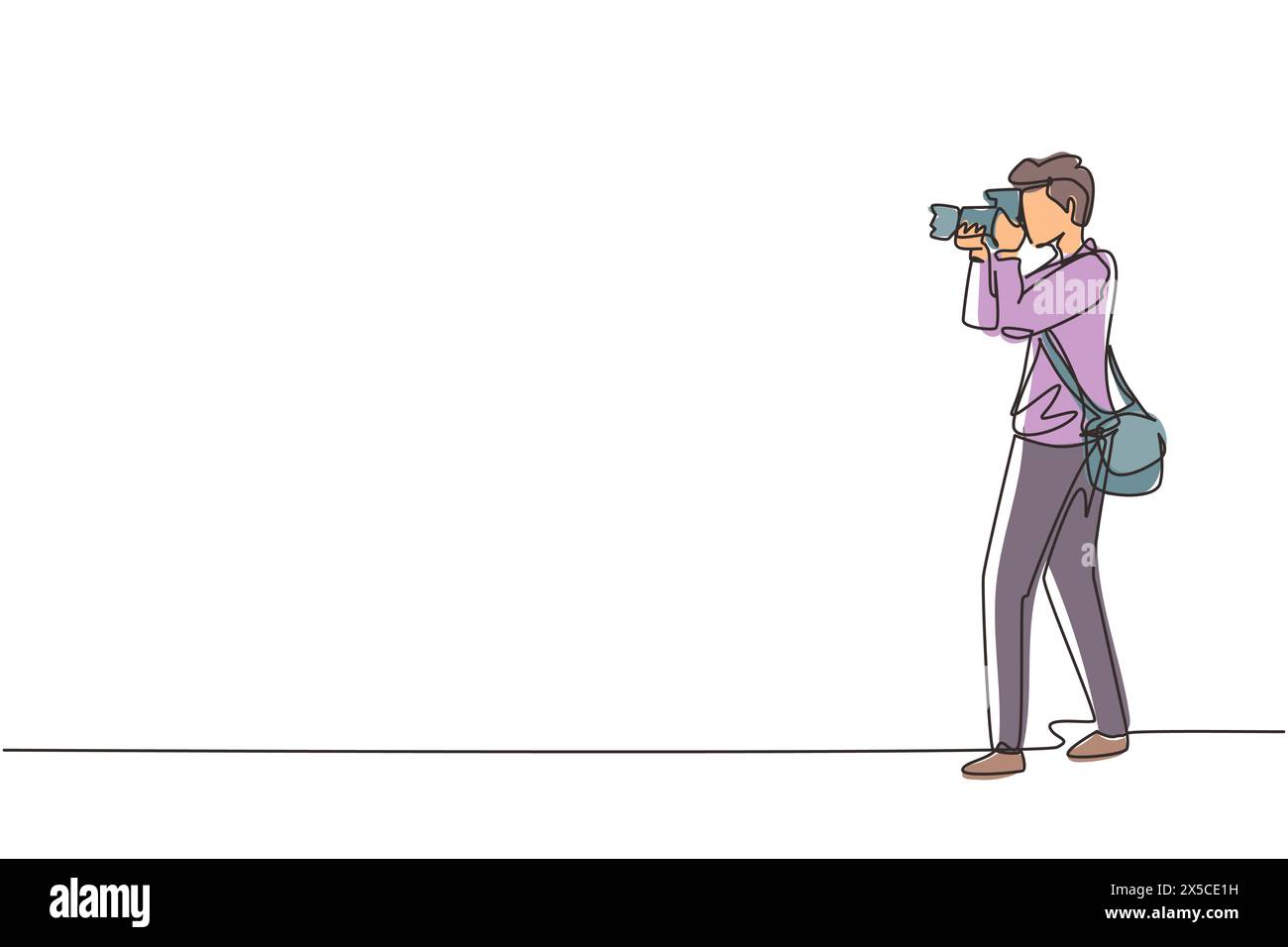 Single continuous line drawing photographer holding photo camera and ...
