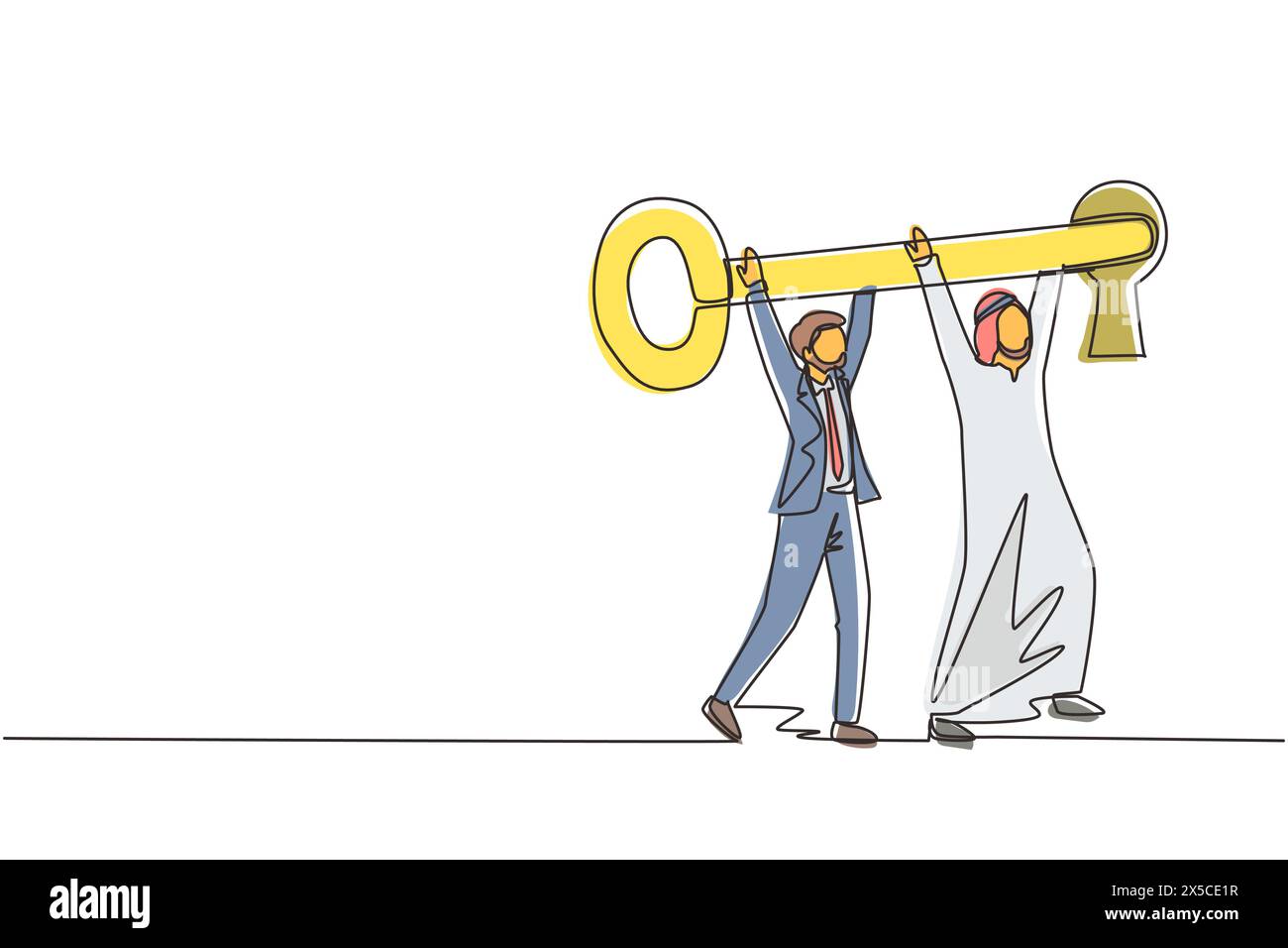 Continuous one line drawing two Arab male figures wearing traditional ...