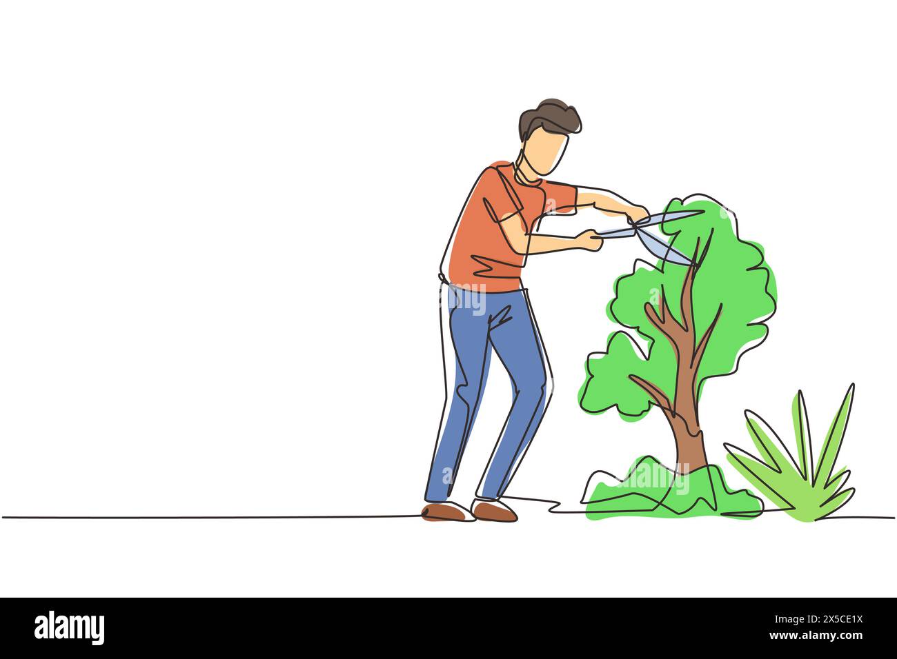 Single continuous line drawing gardener works in garden worker with ...