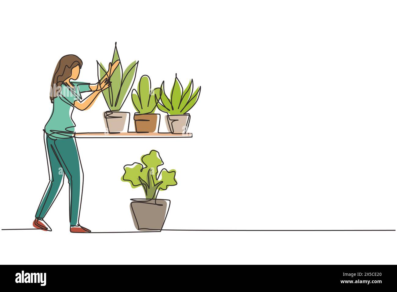 Single Continuous Line Drawing Woman Gardener With Rack And Flowers
