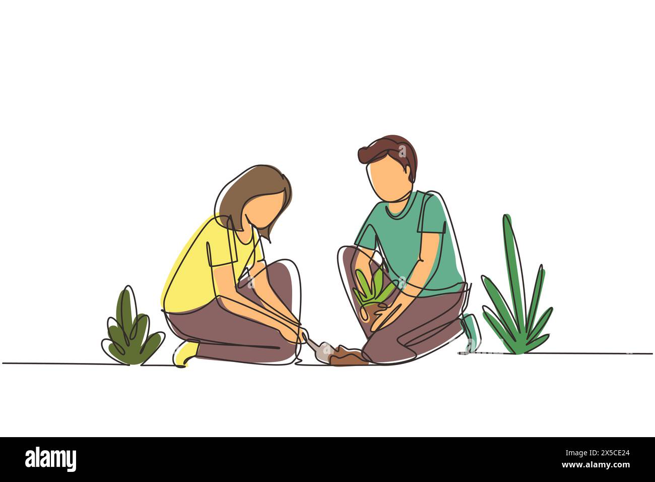 Single one line drawing young man woman are planting tree. Gardening ...