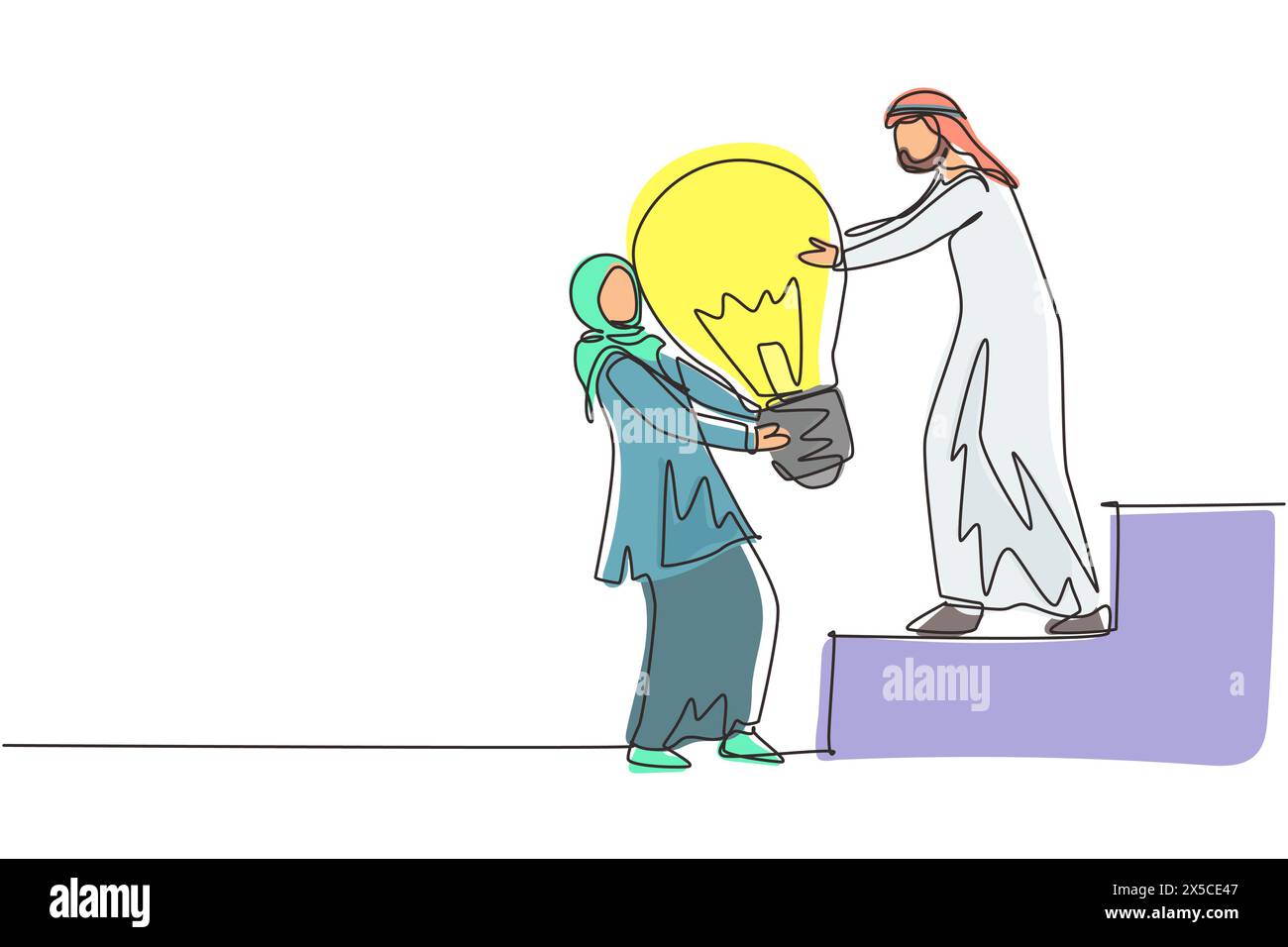 Single one line drawing Arabian woman helping man to lifting light bulb ...
