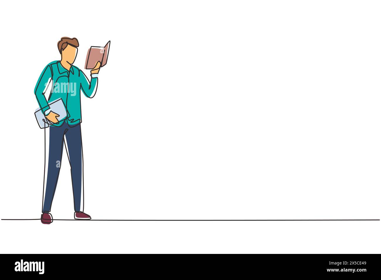 Continuous one line drawing young man stands and holds book in his ...