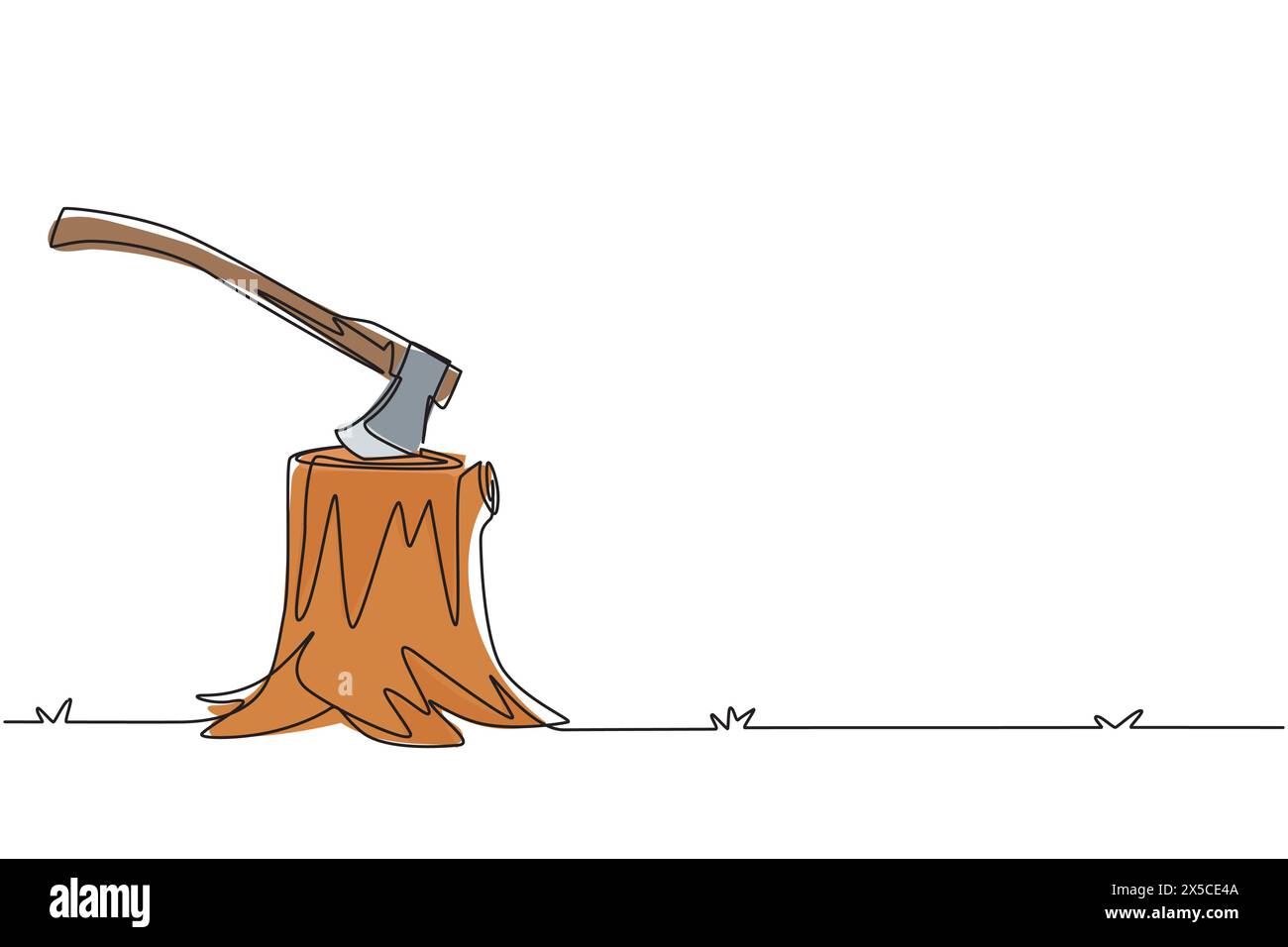 Single continuous line drawing Hatchet in a tree stump. A tree stump ...