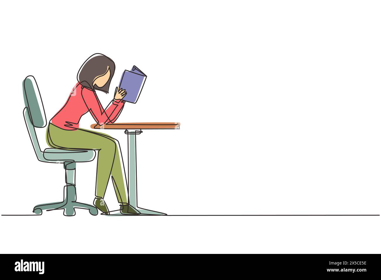 Single continuous line drawing girl student reading book in library or ...