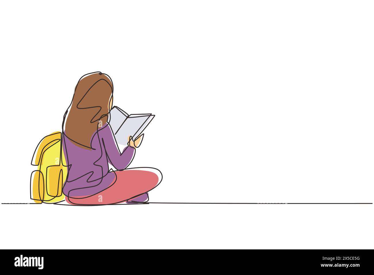 Single continuous line drawing education. Back view woman sitting on ...