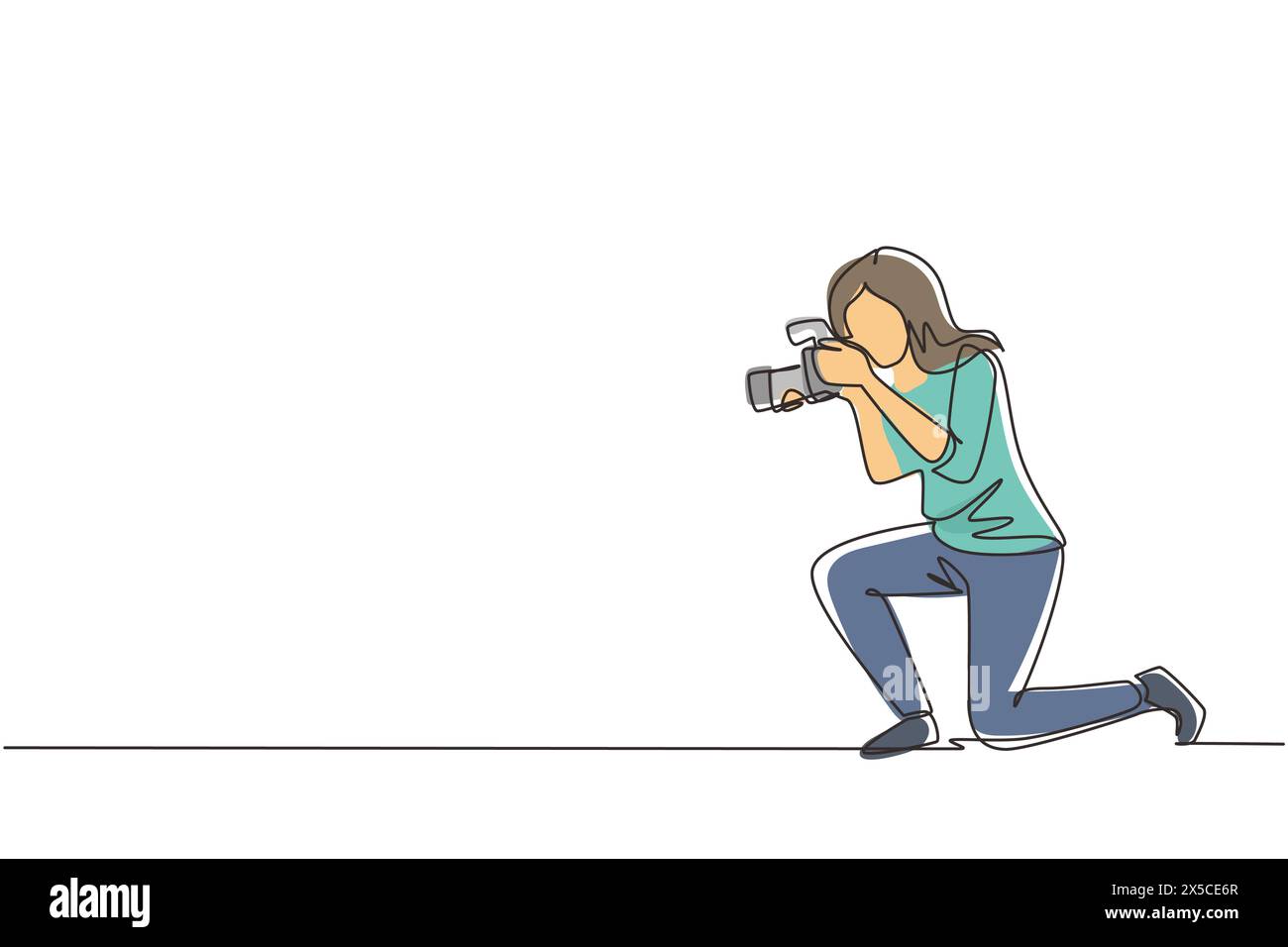 Single one line drawing photographer woman taking pictures. Photo equipment for journalist ...