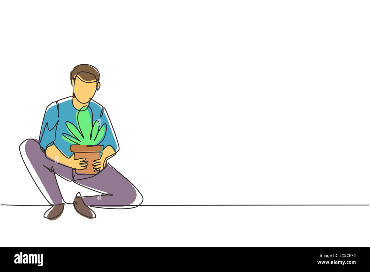Single one line drawing young man cultivating potted plant at home ...