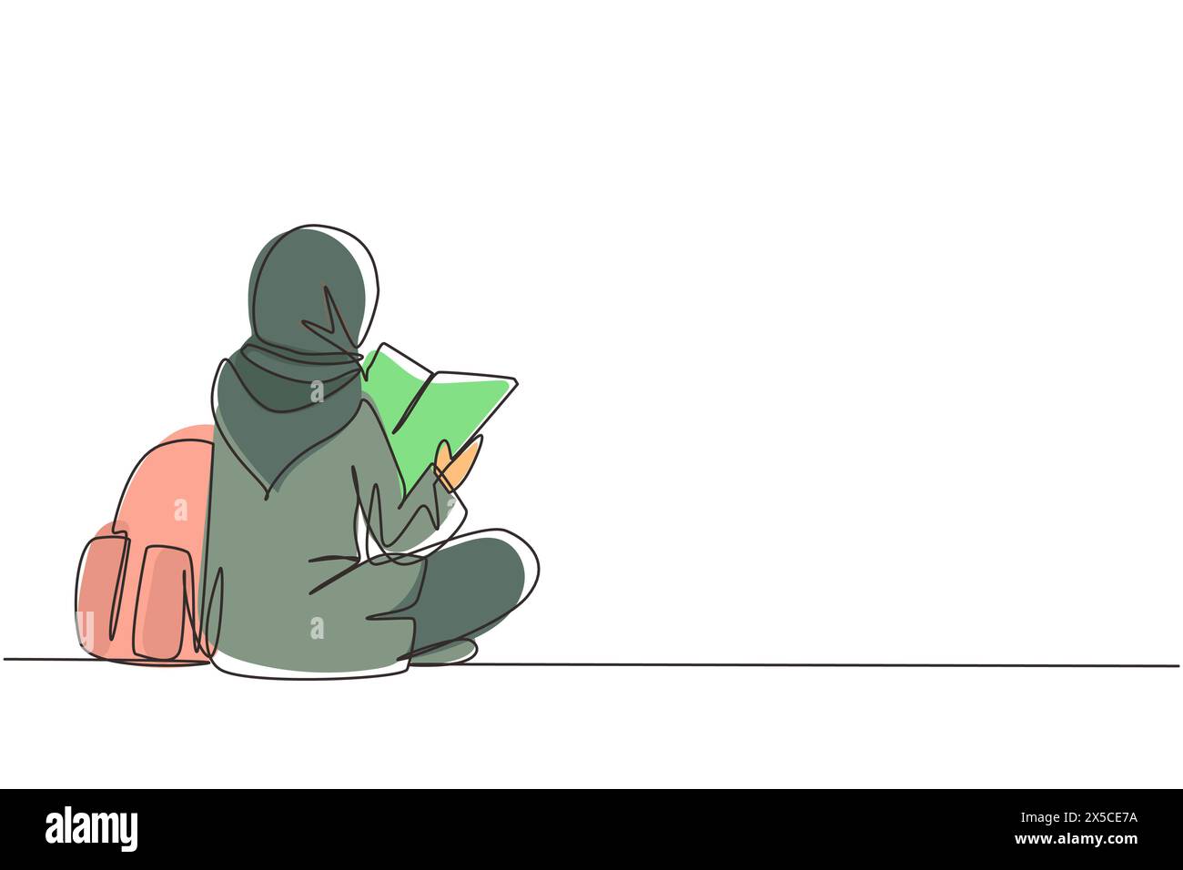 Single continuous line drawing back view young Arabian woman sitting on ...