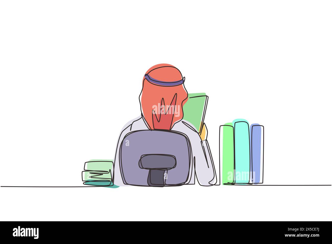 Single continuous line drawing back view of young Arabic man sitting at ...