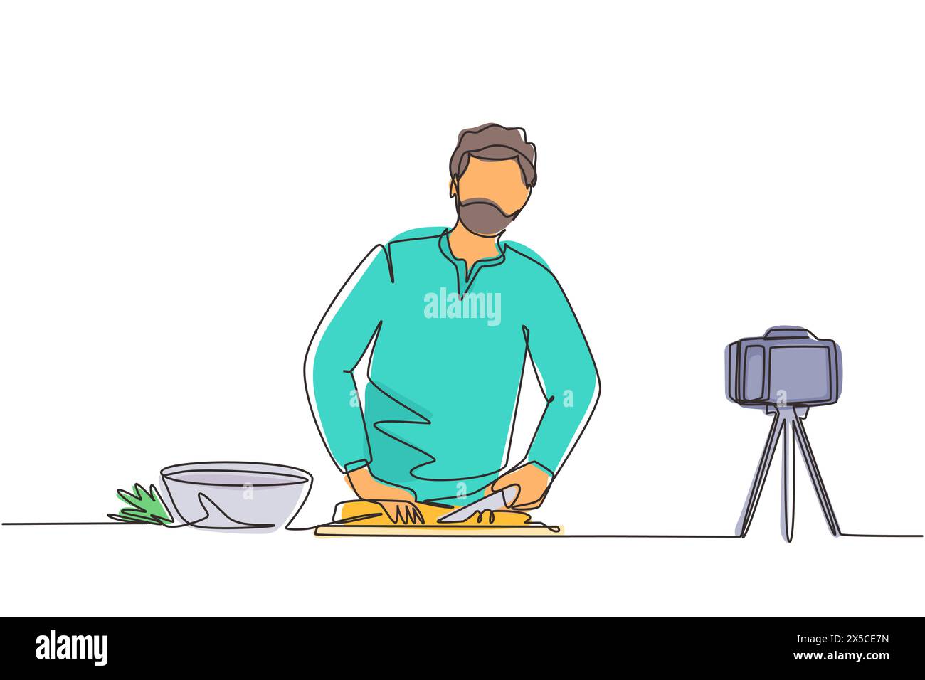 Continuous one line drawing Arabian chef standing in kitchen and ...