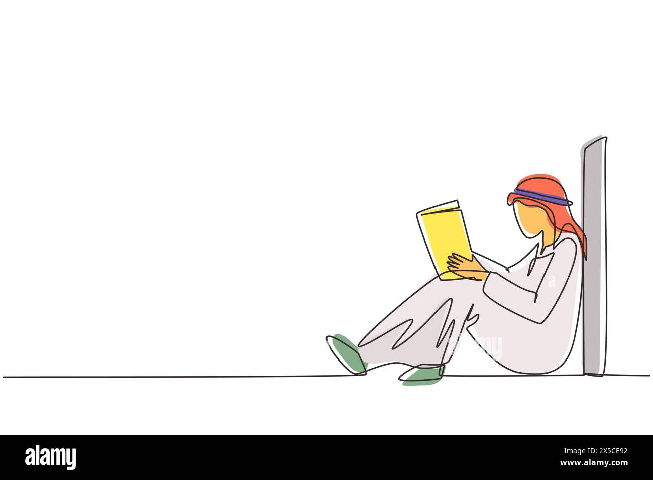 Single Continuous Line Drawing Young Arab Man Sit On Floor Reclined On