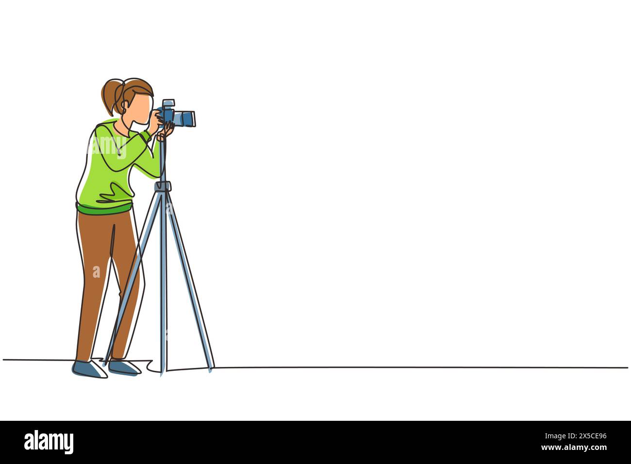 Single one line drawing professional girl photographer with camera pose ...