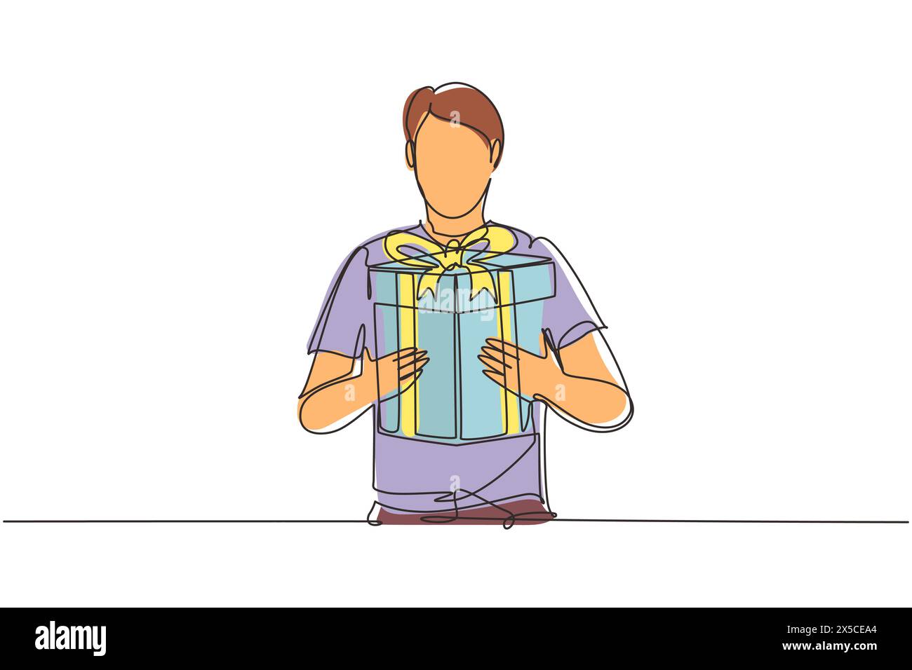 Single continuous line drawing man holding big ribbon bow wrapped gift ...
