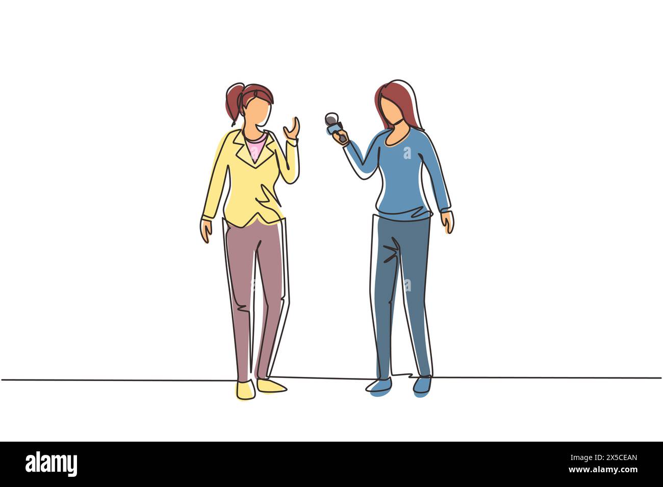 Single one line drawing business woman giving an interview in the presence of journalist with ...