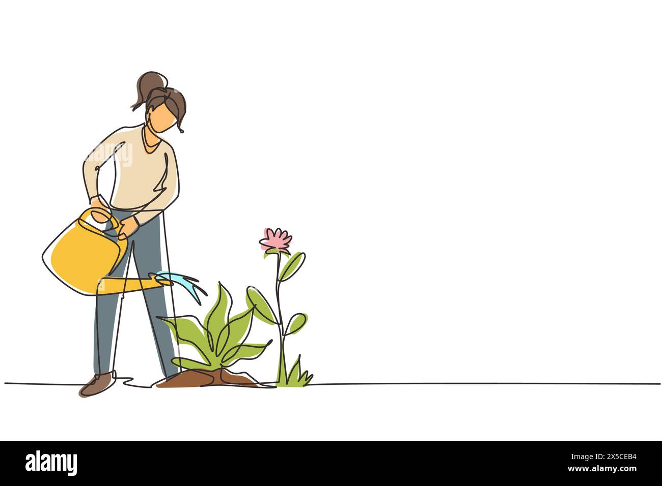 Single one line drawing lovely young woman or gardener taking care of ...
