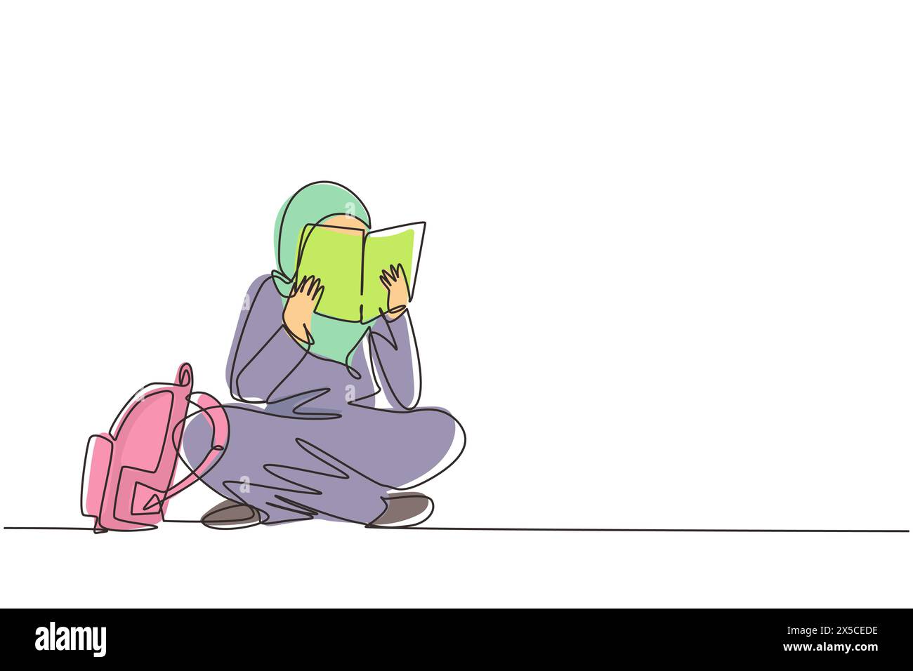 Single one line drawing happy young Arab woman reading book sitting on ...