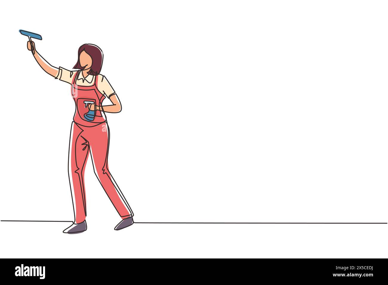 Single continuous line drawing female professional busy janitor wiping ...