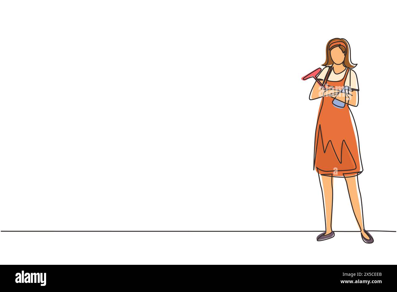 Continuous one line drawing happy woman cleaning worker posing and ...
