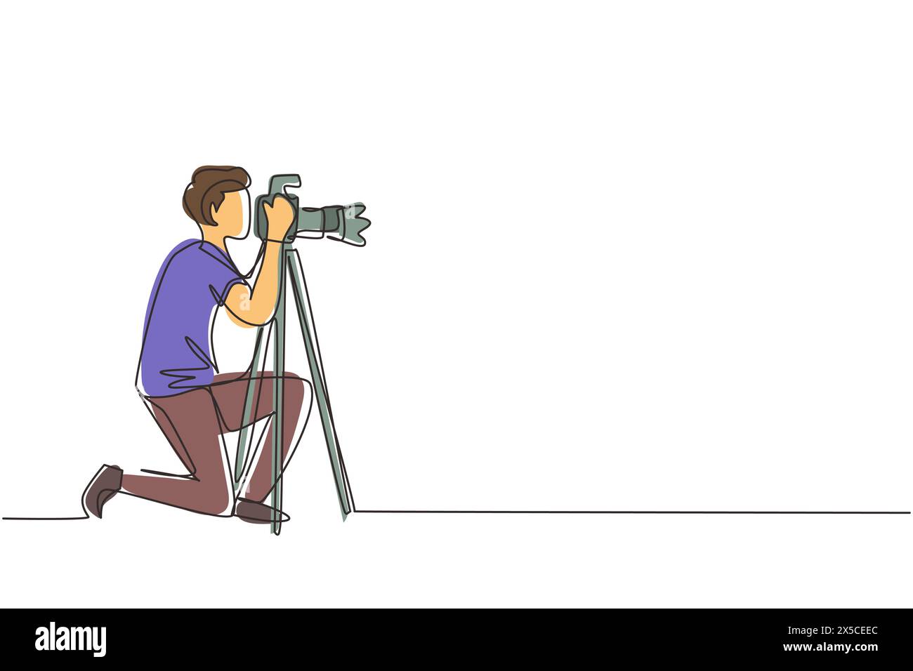 Single continuous line drawing professional photographer man kneeling ...