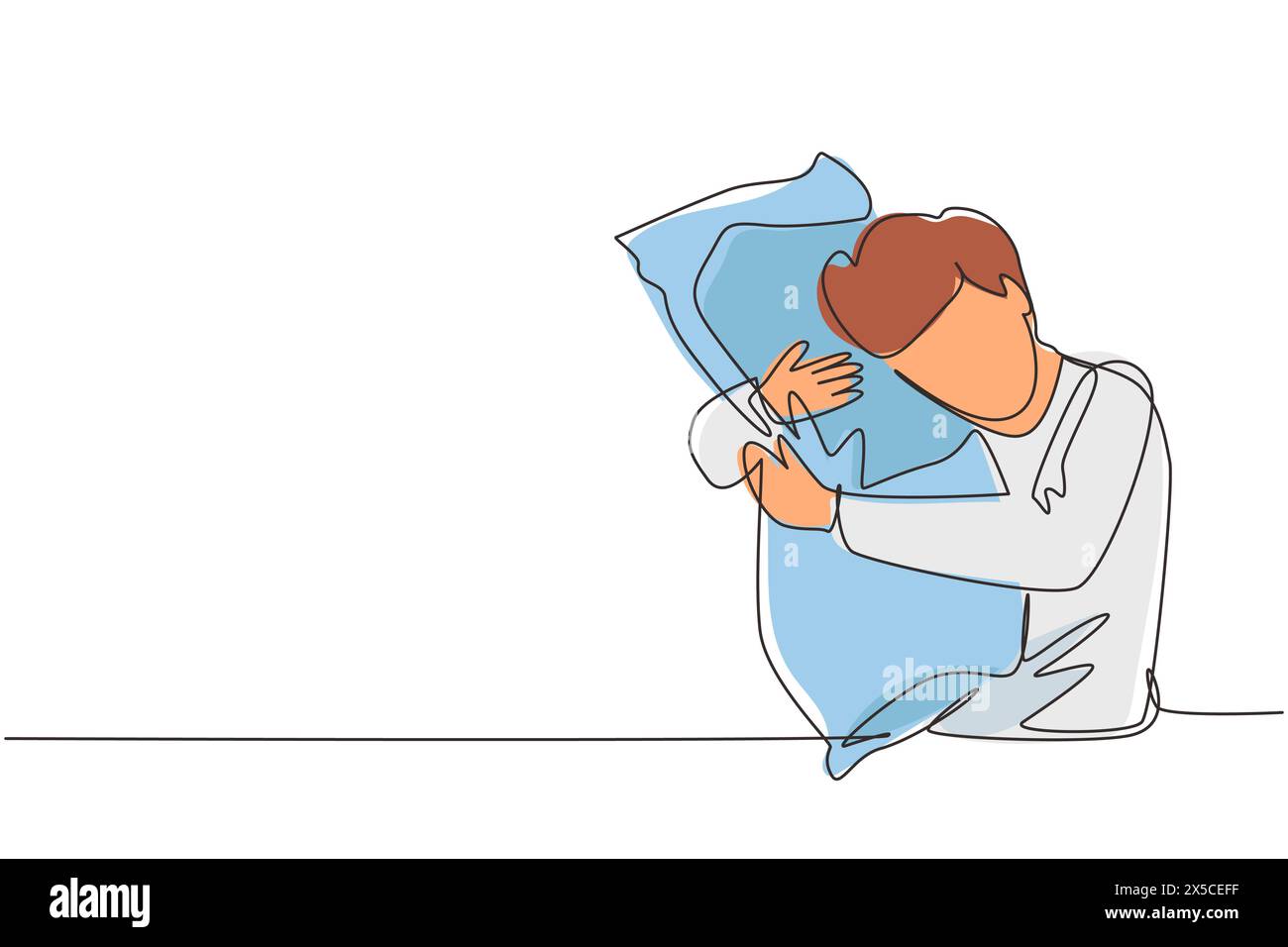 Single continuous line drawing male sleeping while hugging pillow ...