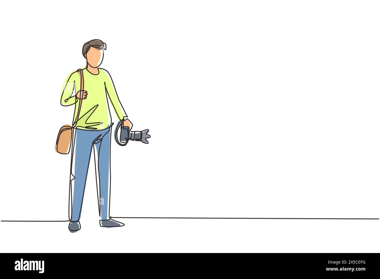 Single continuous line drawing hipster photographer with holding camera ...