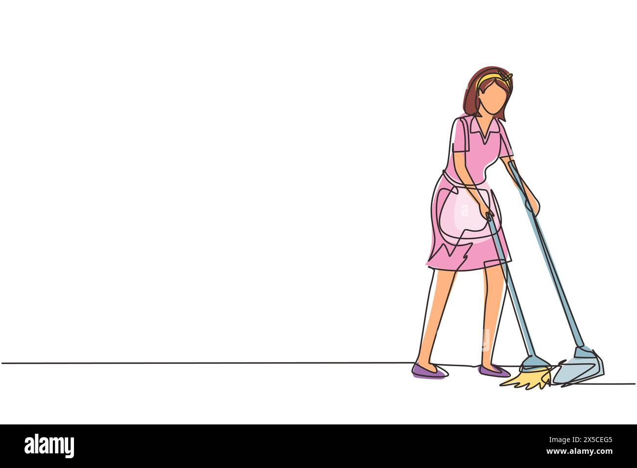 Continuous One Line Drawing Housekeeping Girl Worker With Broom