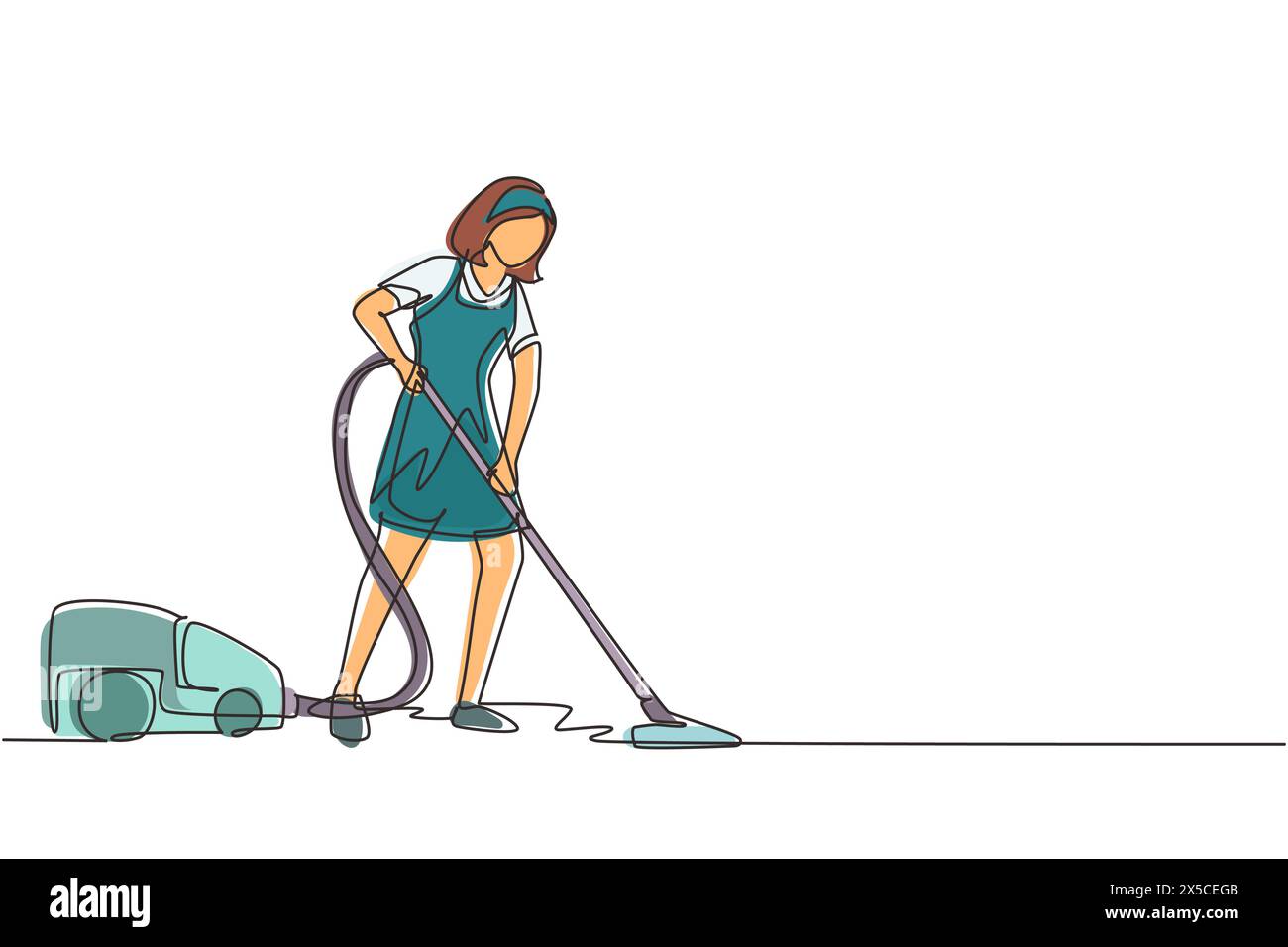 Continuous one line drawing woman with vacuum cleaners of various types ...