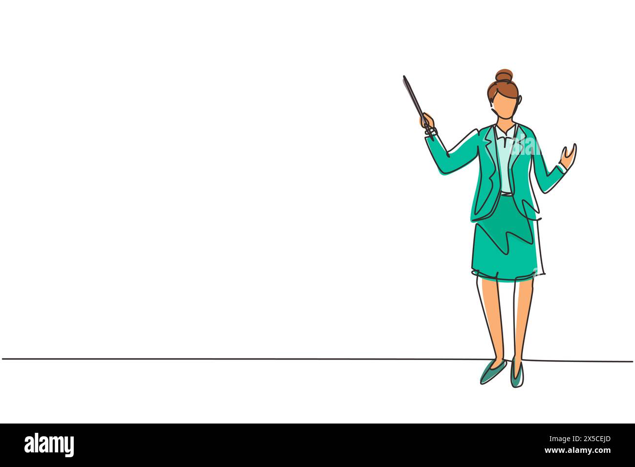 Single continuous line drawing school woman teacher standing with ...