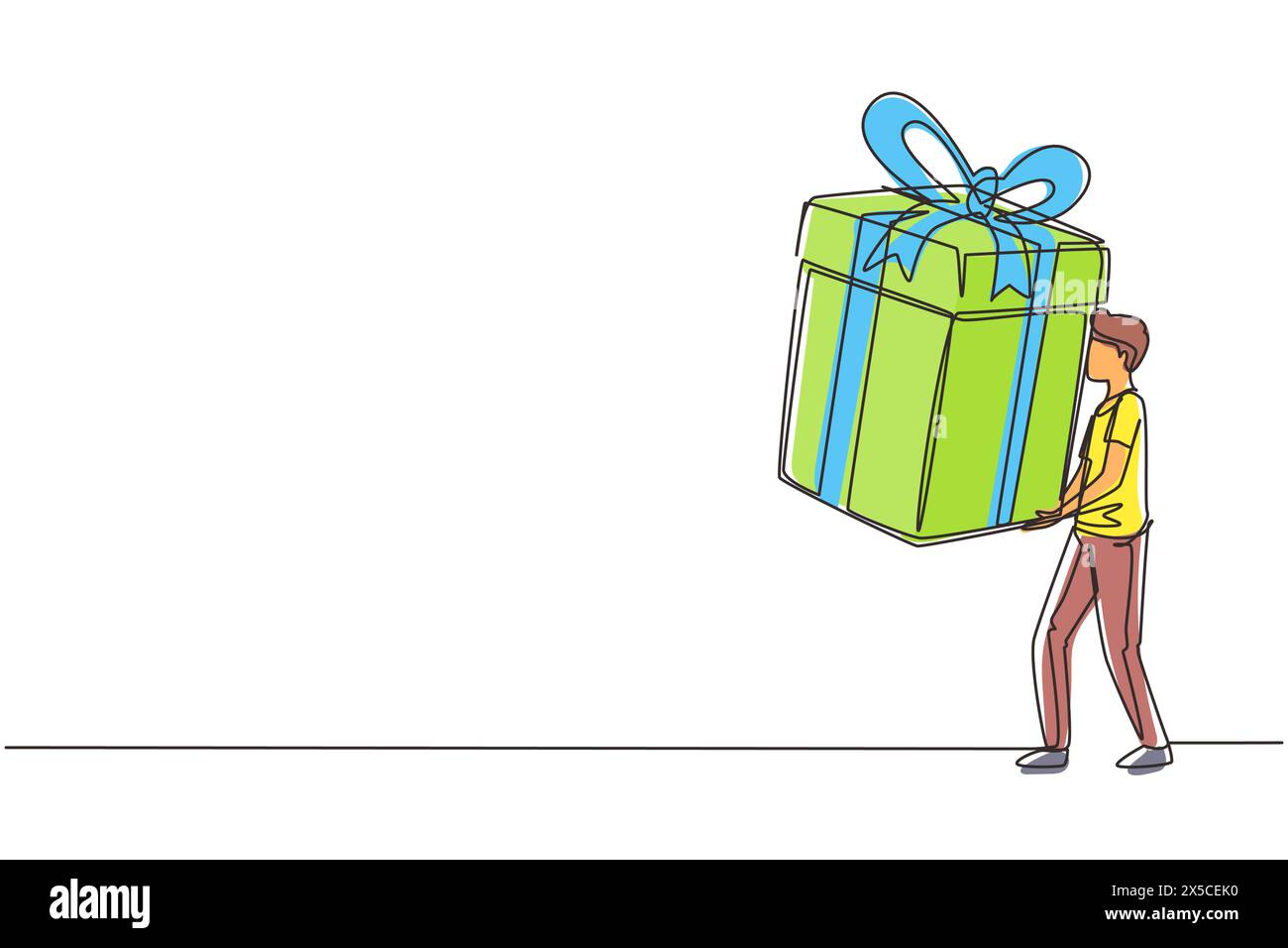 Single one line drawing happy man carrying a big present box. The ...