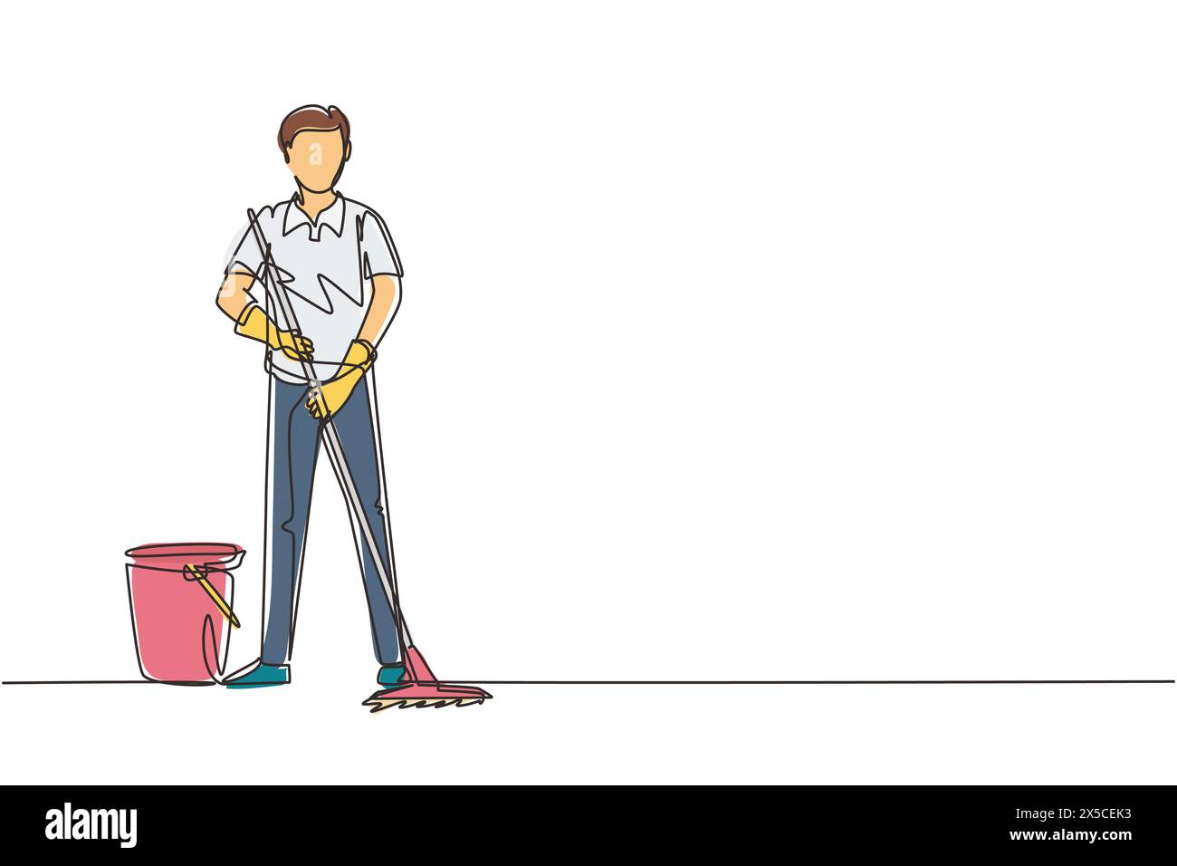 Single continuous line drawing cleaning company staff to work with the ...