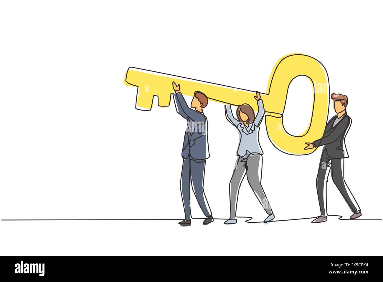 Continuous one line drawing business team holding and carrying big key ...