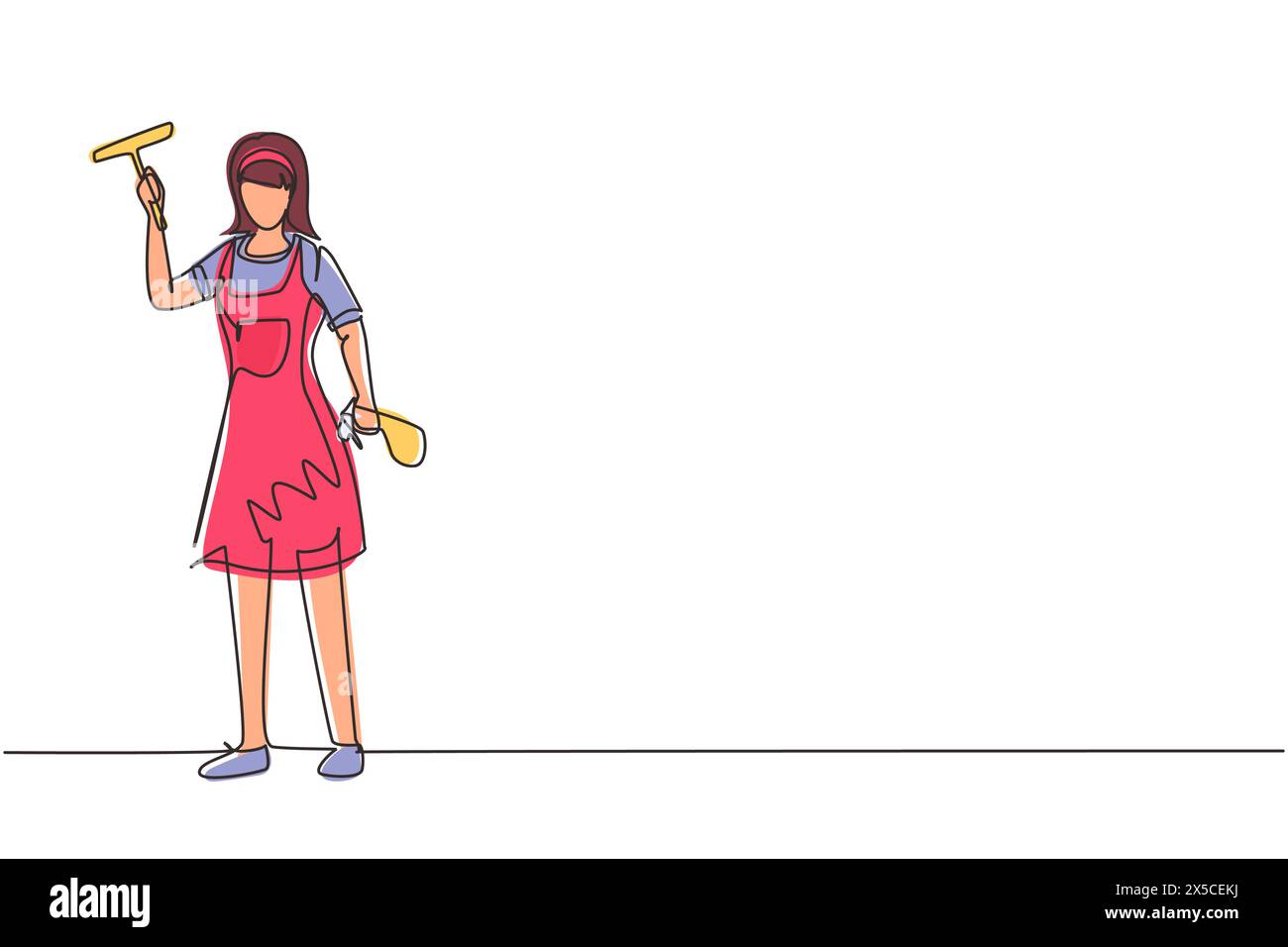 Continuous one line drawing smiling cleaning staff member is wiping the ...