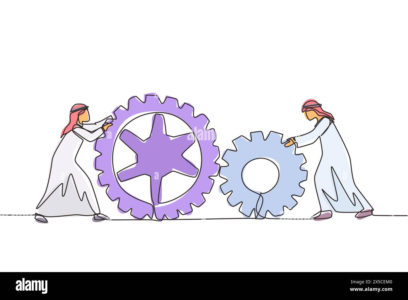 Continuous one line drawing two Arabic businessmen pushing big cogs together. Teamwork ...