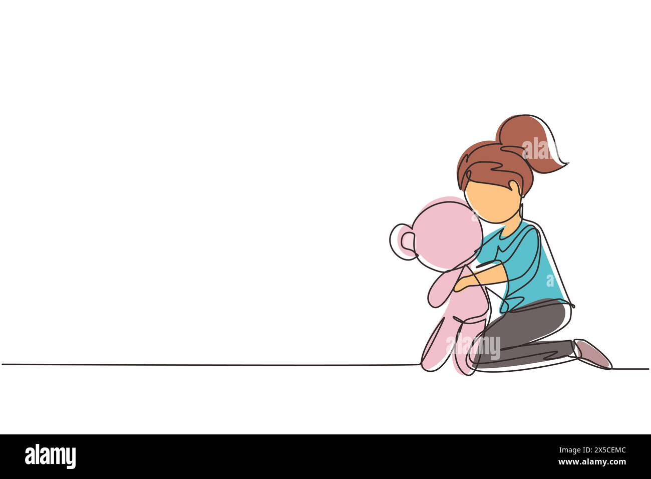 Single one line drawing little girl kid holding and hugging teddy bear ...