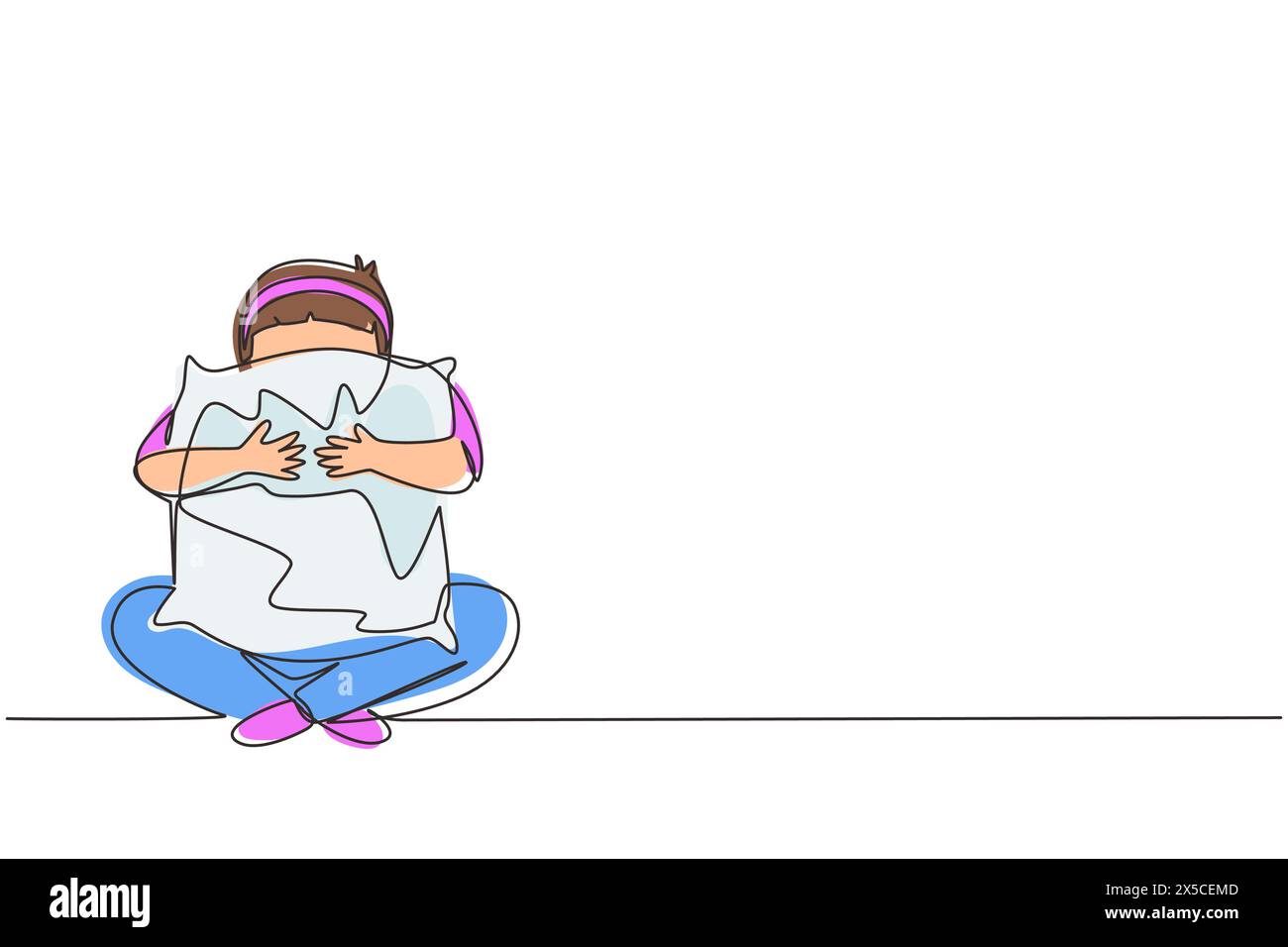 Single continuous line drawing little boy holding pillow ready to sleep ...