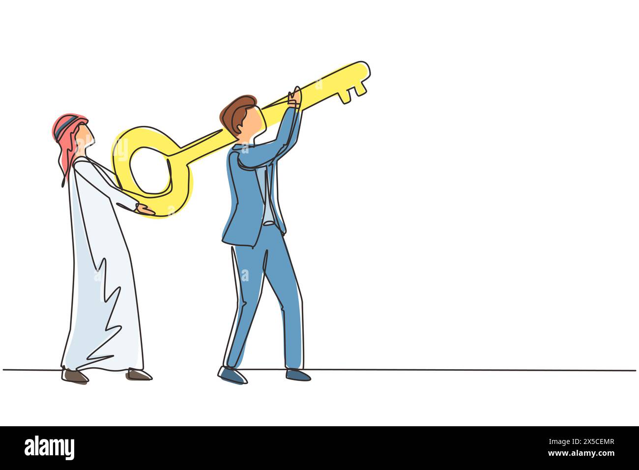 Single one line drawing two Arab businessman hold together key to open ...