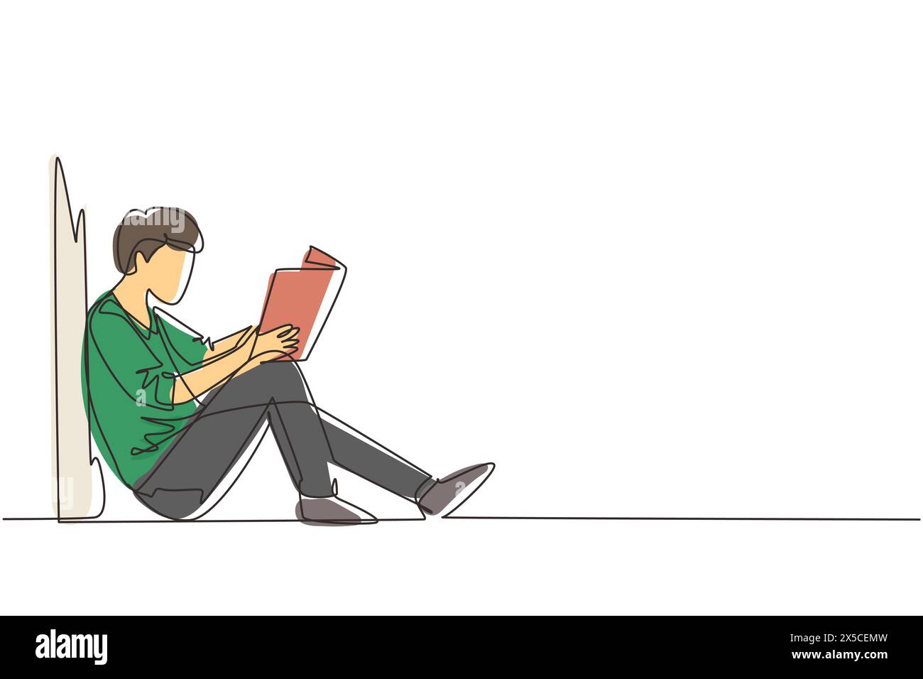 Continuous one line drawing young man sit on the floor, reclined on ...