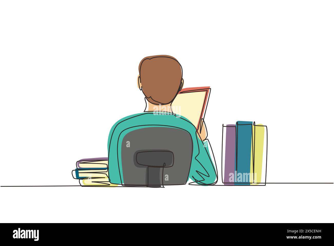 Continuous one line drawing back view of young man sitting at desk and ... Continuous one line drawing back view of young man sitting at desk and ...