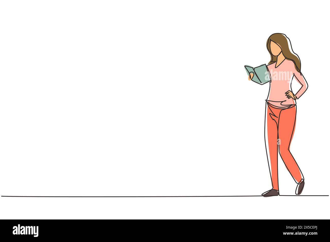 Single one line drawing happy modern young woman reading book standing ...