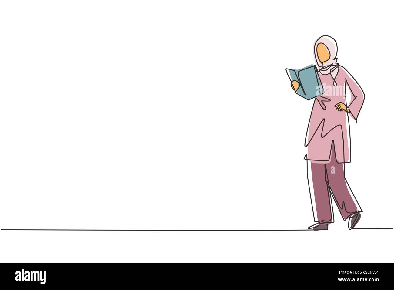 Single one line drawing happy modern young Arabian woman reading book ...