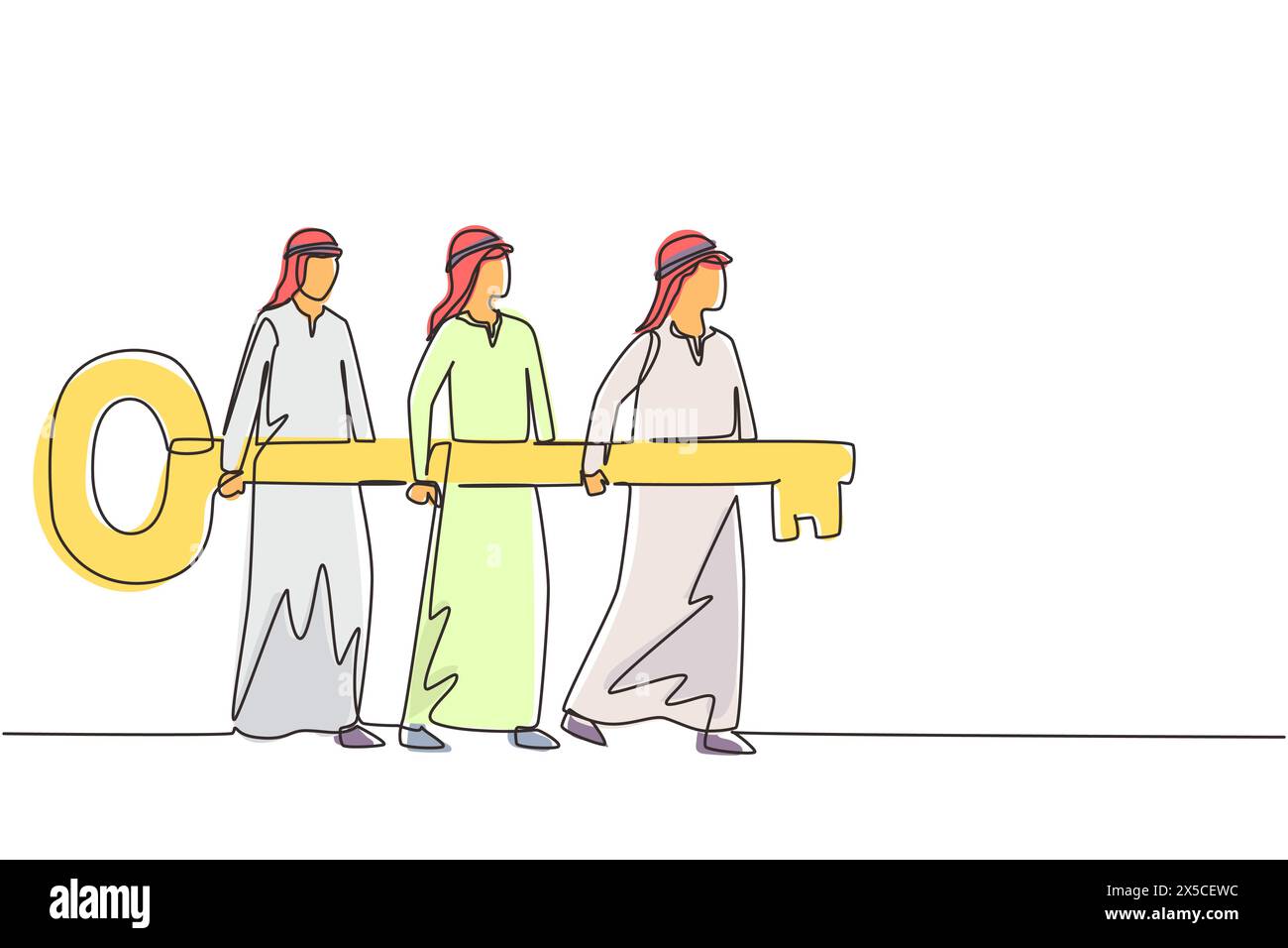 Single one line drawing problem solving team of business man with key ...