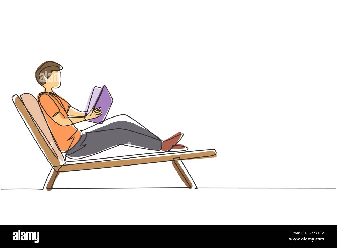 Single one line drawing reclined man reading book in lounge chair ...
