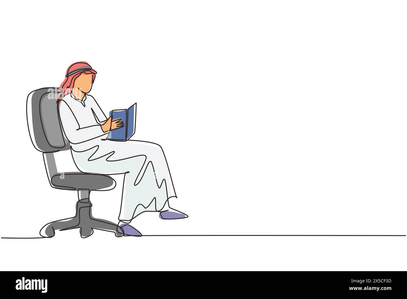 Continuous one line drawing modern young Arabian man reading book ...
