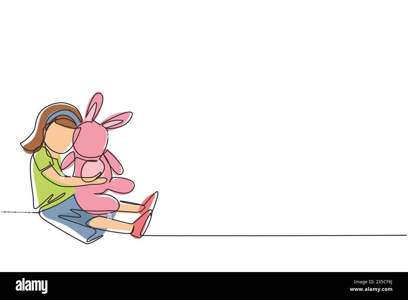 Continuous one line drawing little girl hug her doll and cry or scared ...
