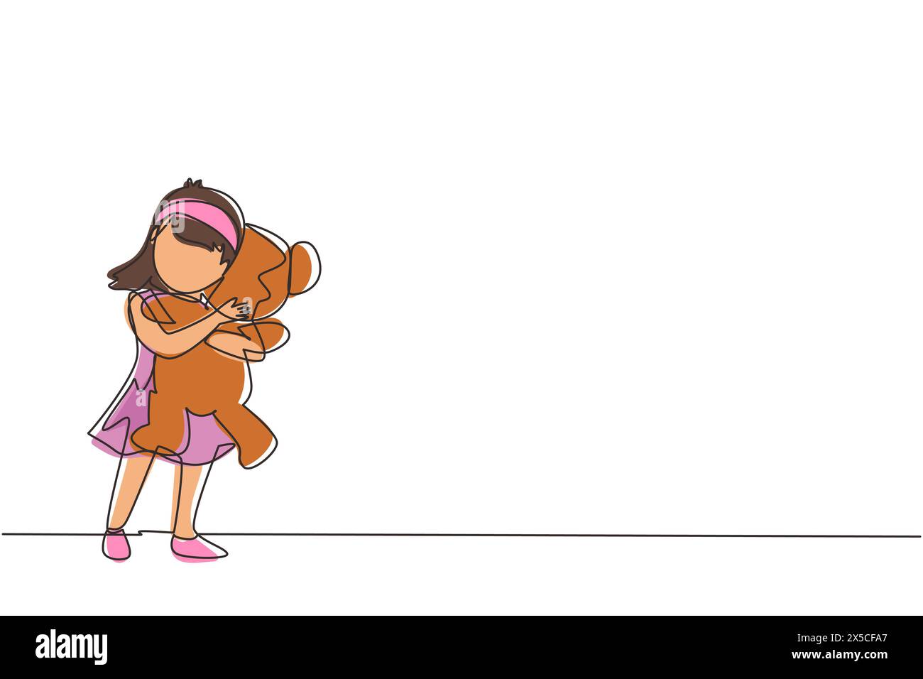 Single one line drawing cute little girl standing and hugging teddy ...