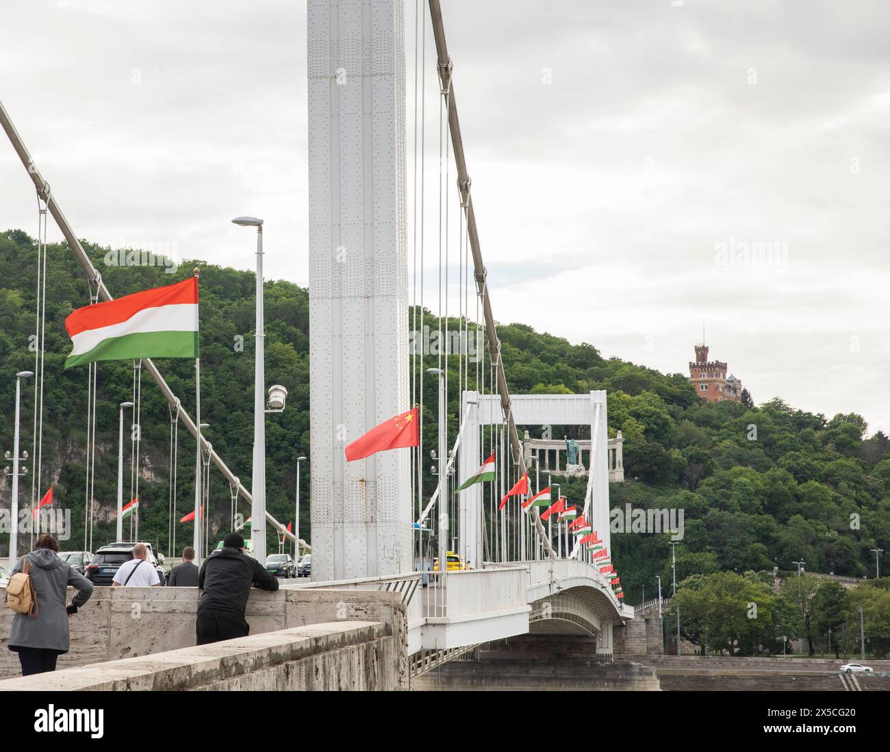 Budapest, Hungary. 8th May, 2024. Chinese and Hungarian national flags are seen hoisted in ...